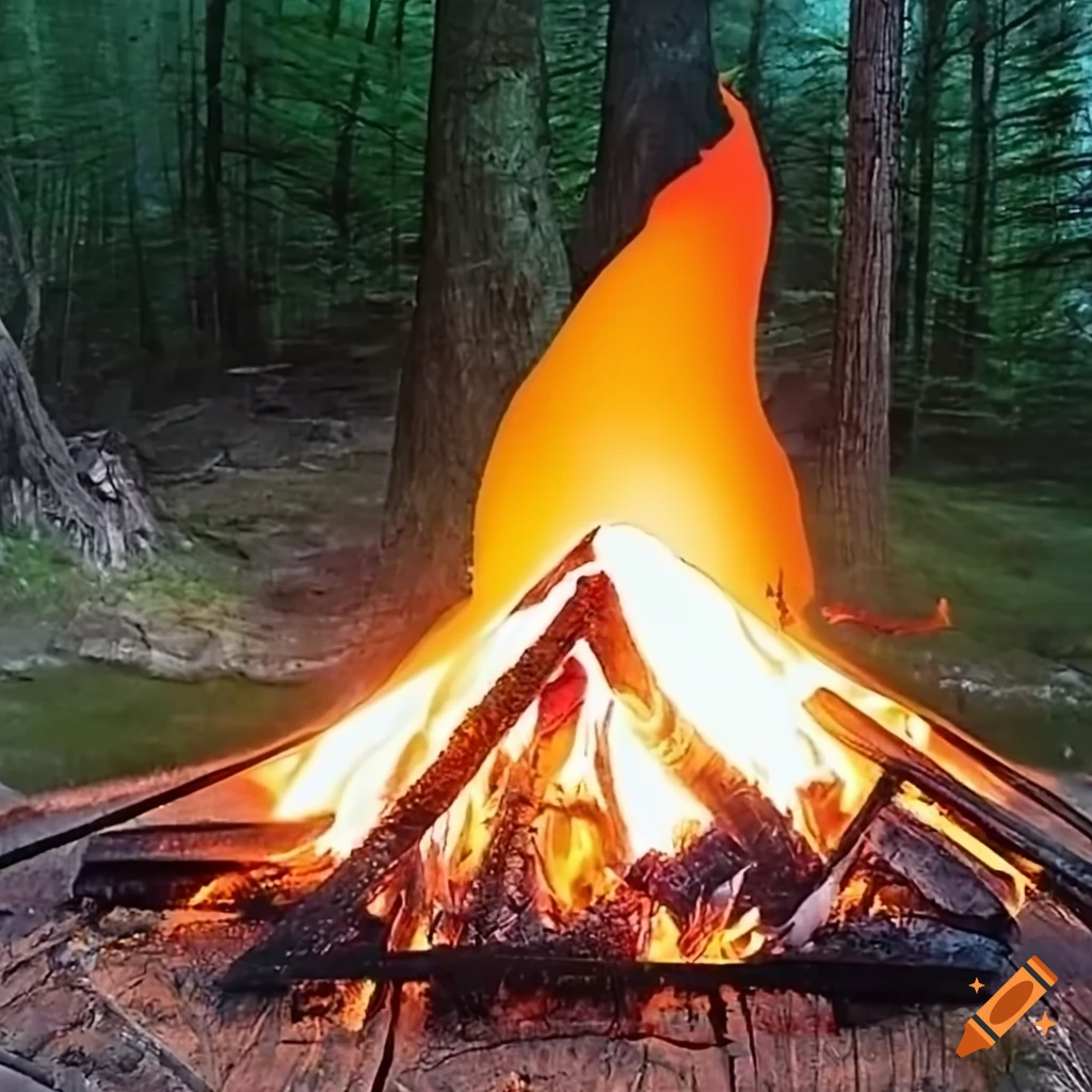 Tall flame of a campfire crackling and flickering in the daylight on ...