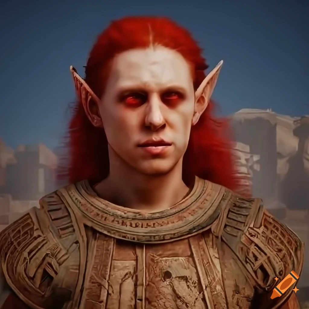 Pale white-skinned sci-fi elf man with red hair and eyes in a ...