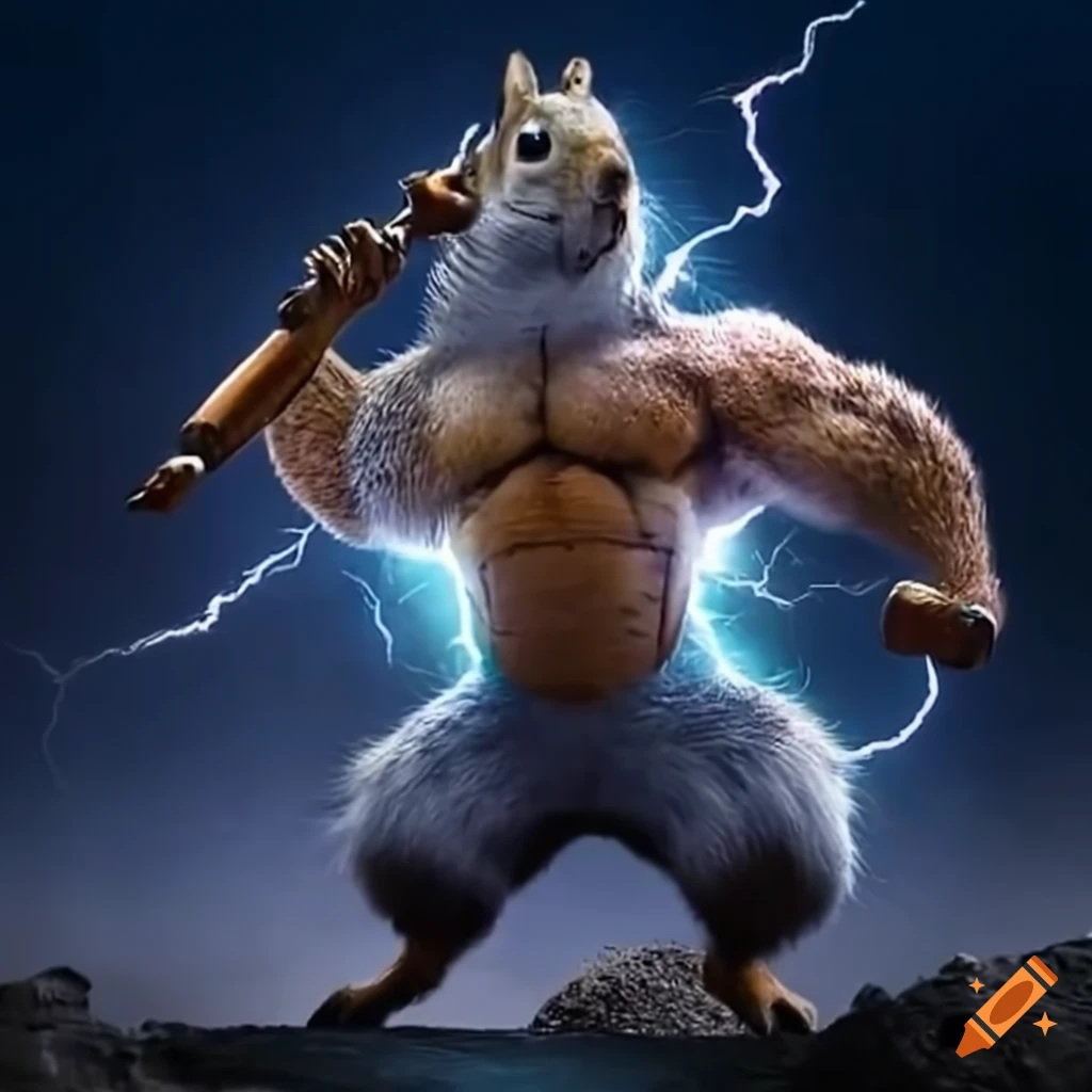 Muscular squirrel throwing lightning bolts in an epic stance on Craiyon