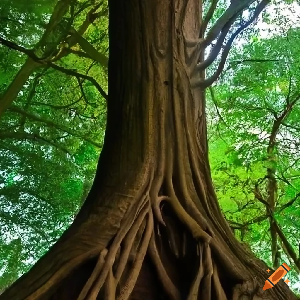 Tall tree in the park with roots and branches reaching on Craiyon