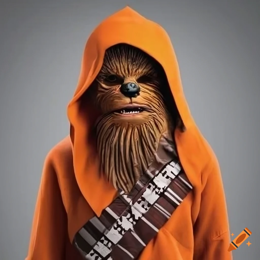 Person wearing Chewbacca mask and orange hoodie with hood up on Craiyon