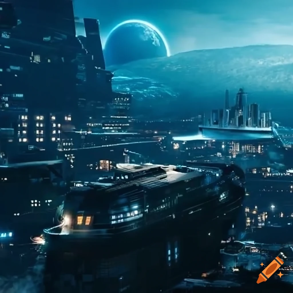 Sci-fi futuristic city with a docking spaceship from a high angle on Craiyon