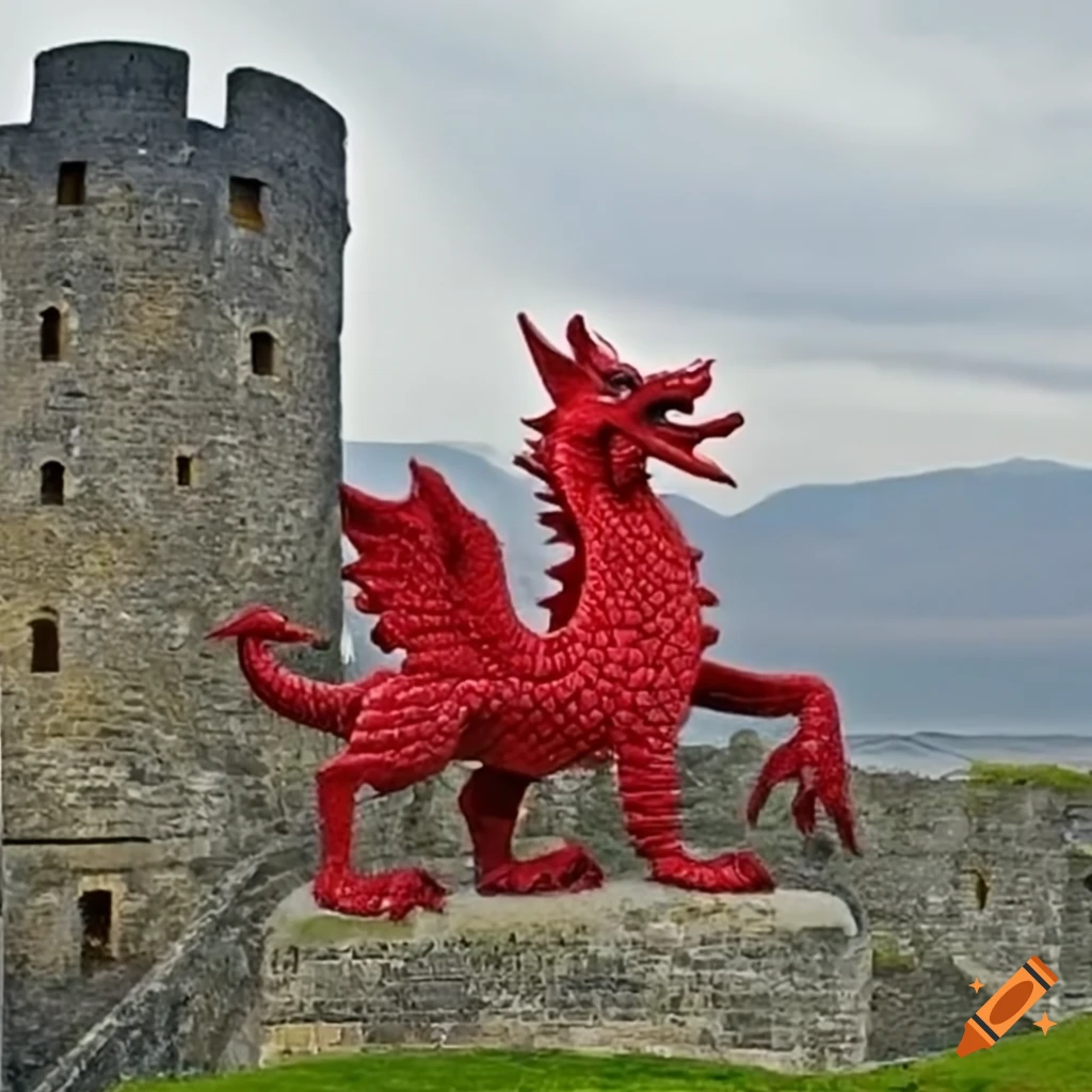 Red welsh dragon with conwy castle in the background on Craiyon
