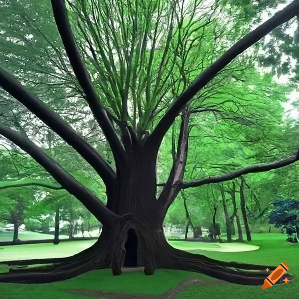 Tall tree standing proud in the park with roots and branches reaching ...