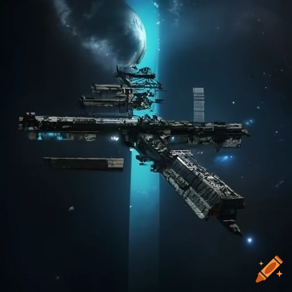 Space station in deep space with grimdark brutalism design on Craiyon