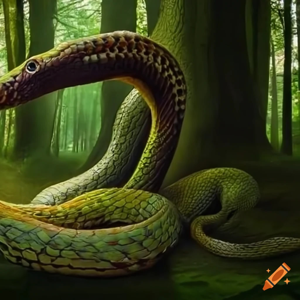 Old art piece featuring a snake monster in a forest on Craiyon