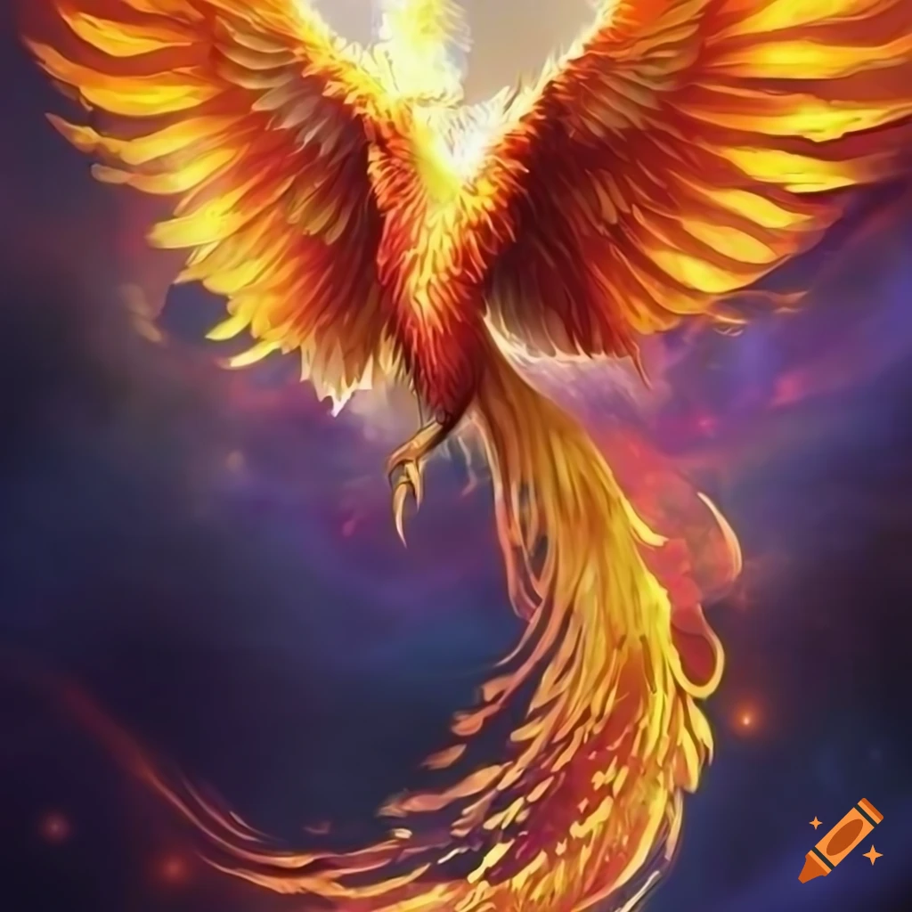 Phoenix flying in detailed digital illustration on Craiyon