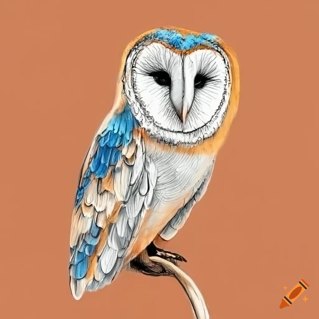 Line drawing of an orange and blue barn owl on Craiyon