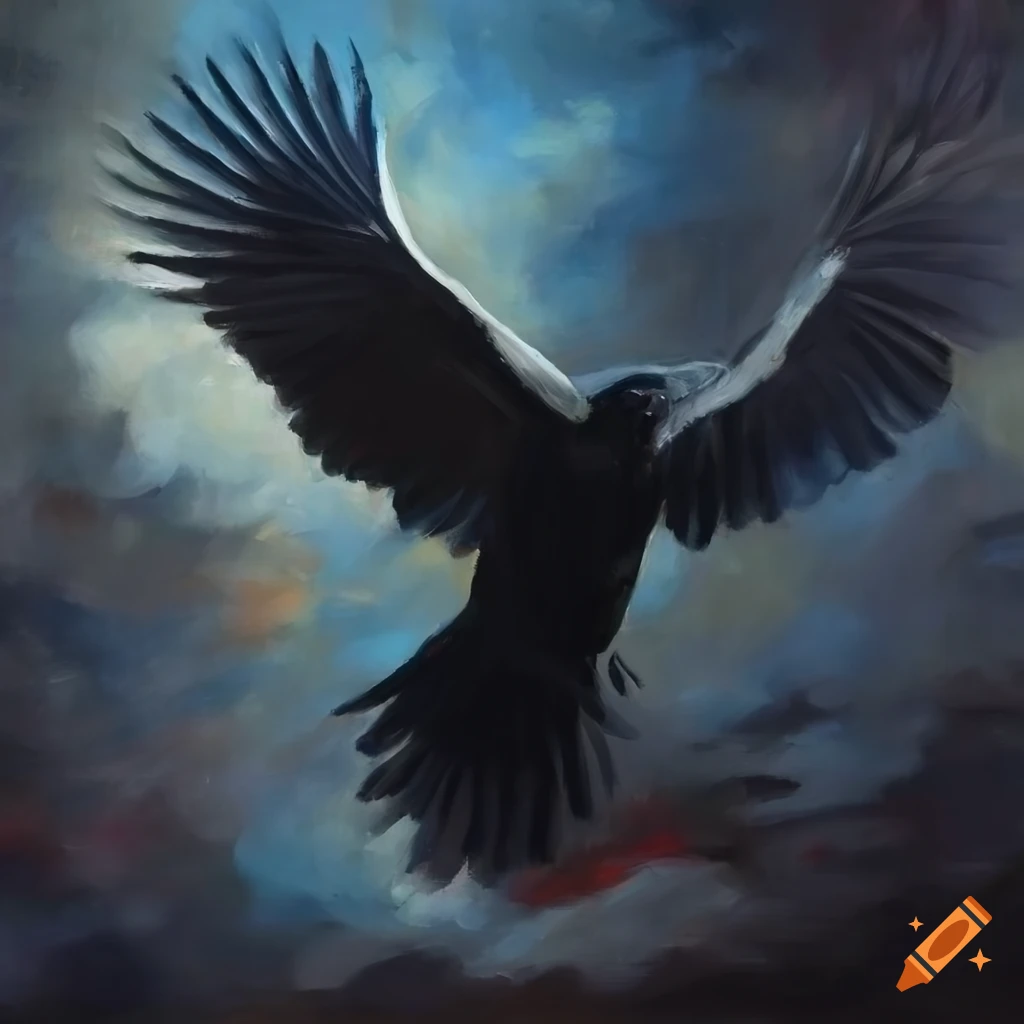 Oil painting of a cunning raven in flight on Craiyon