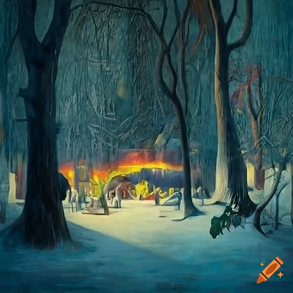 Vibrant Christmas scene painting with intricate details and blend of ...