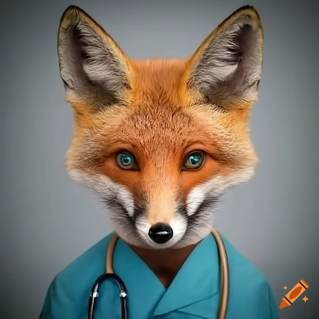 Bipedal fox nurse in scrubs at a clinic on Craiyon