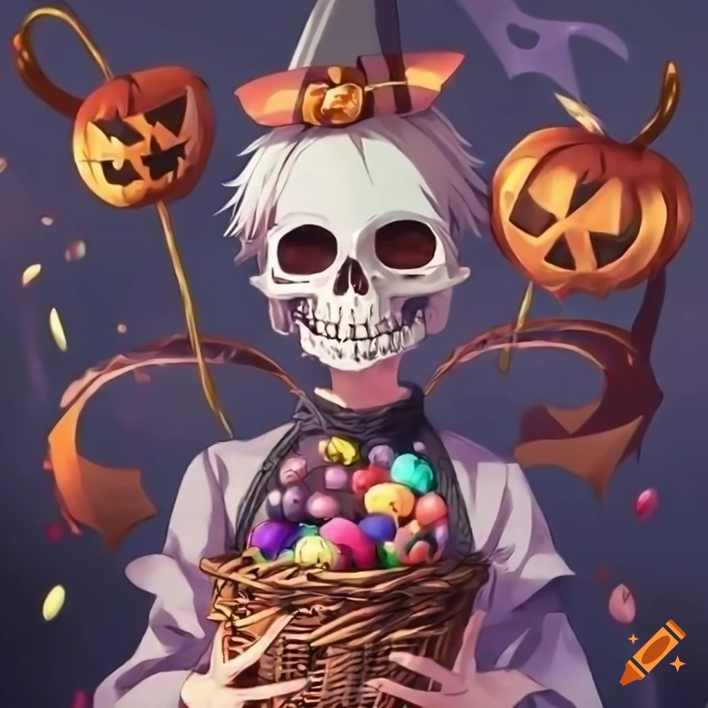 Anime portrait of halloween boy with skull attire and candy basket on ...