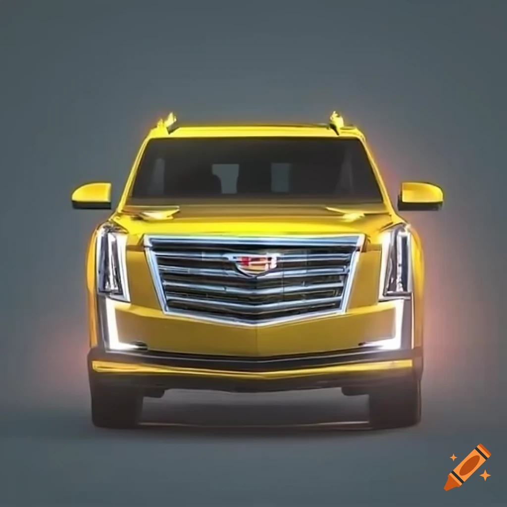 Yellow Cadillac Escalade driving on a mountain road with headlights on ...