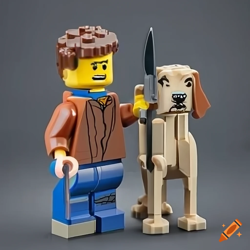 LEGO man with a knife and brown dog on Craiyon
