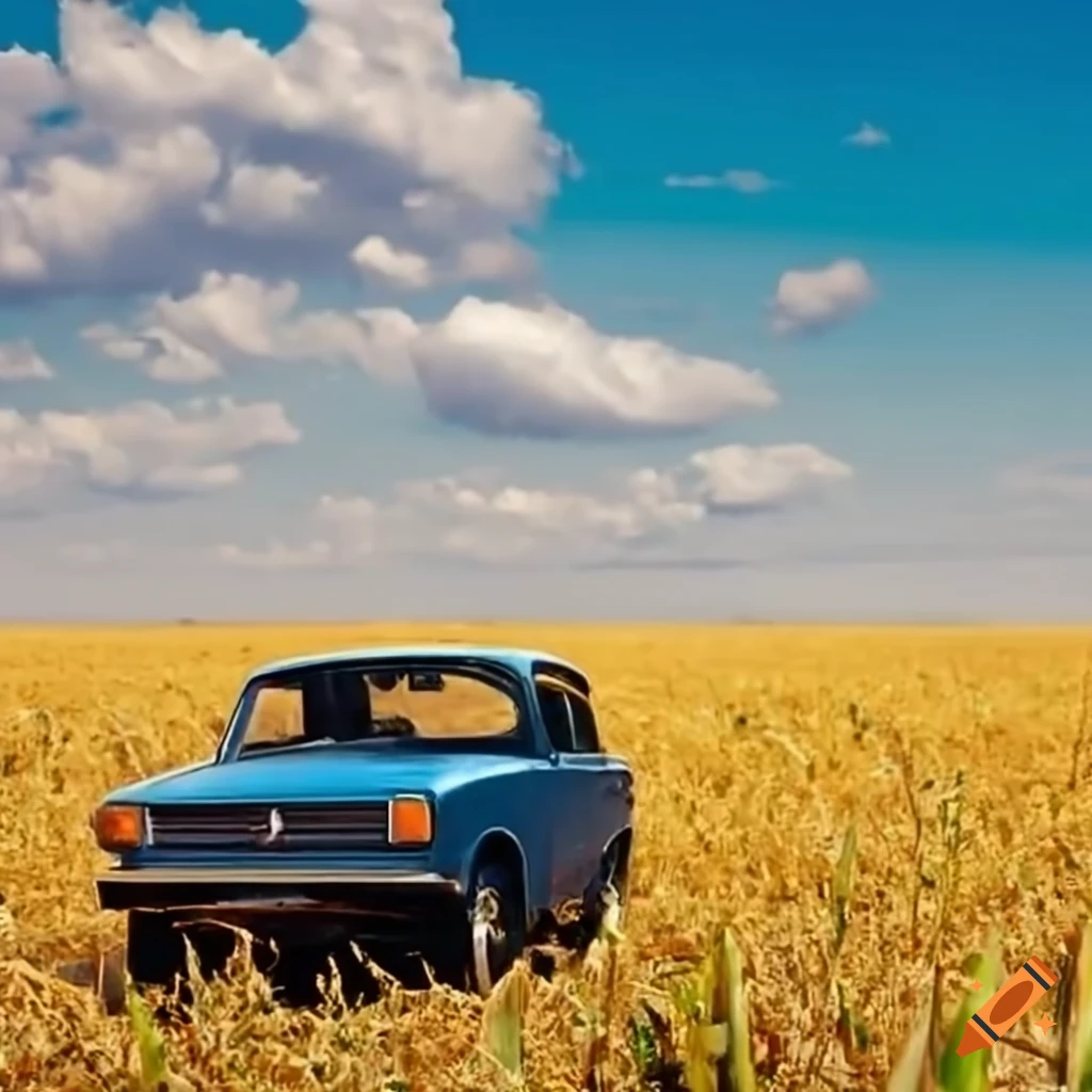 Blue lada car with sunny cornfields in the background on Craiyon