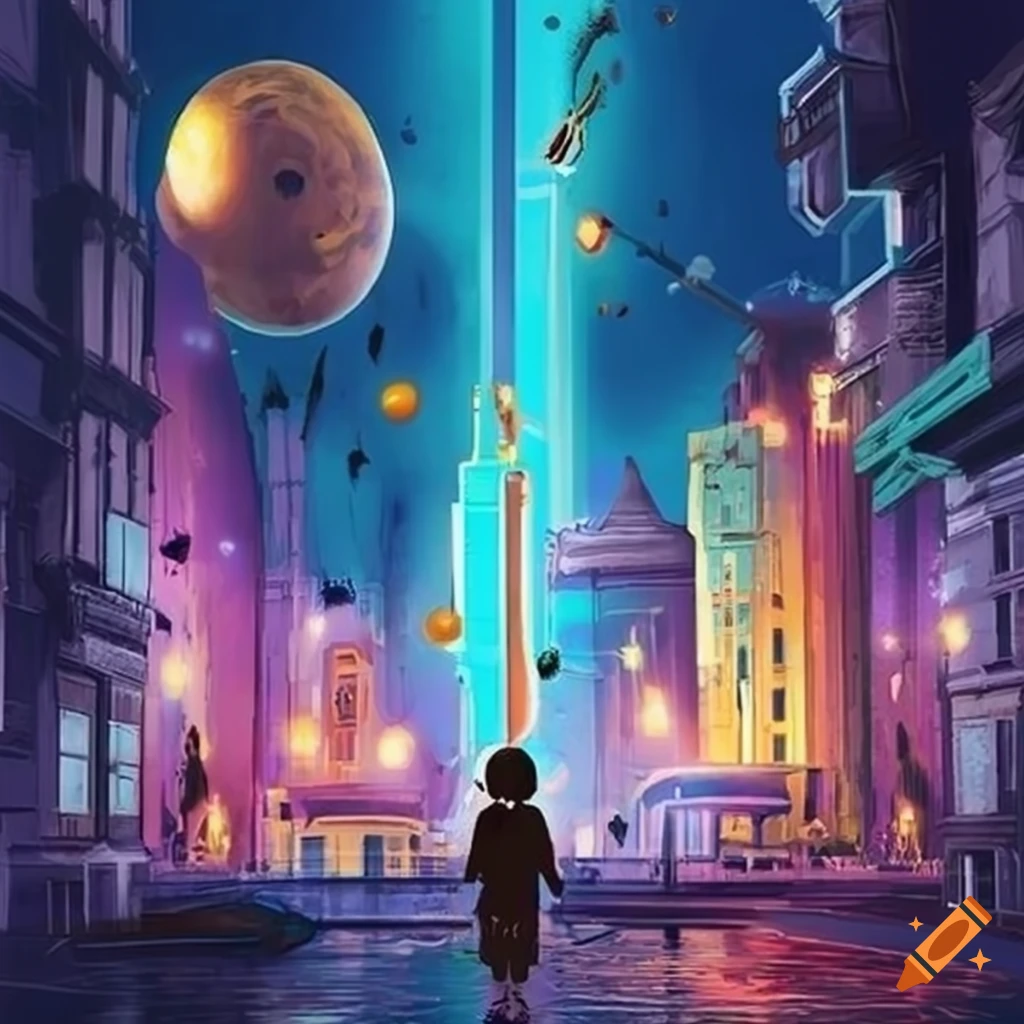 Space city adventure children's book cover with kids walking in the ...