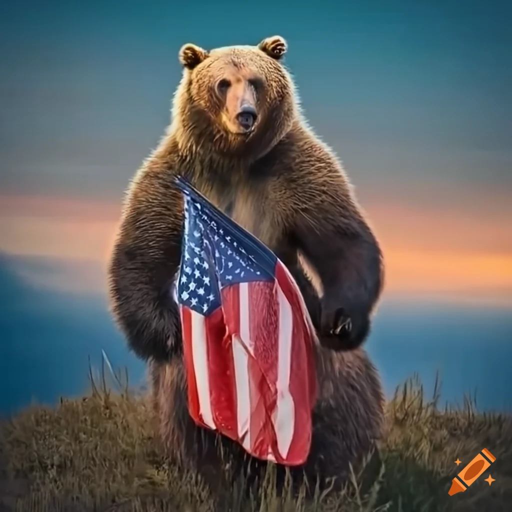 American Grizzly Bear saluting with an oversized flag on a hill on Craiyon