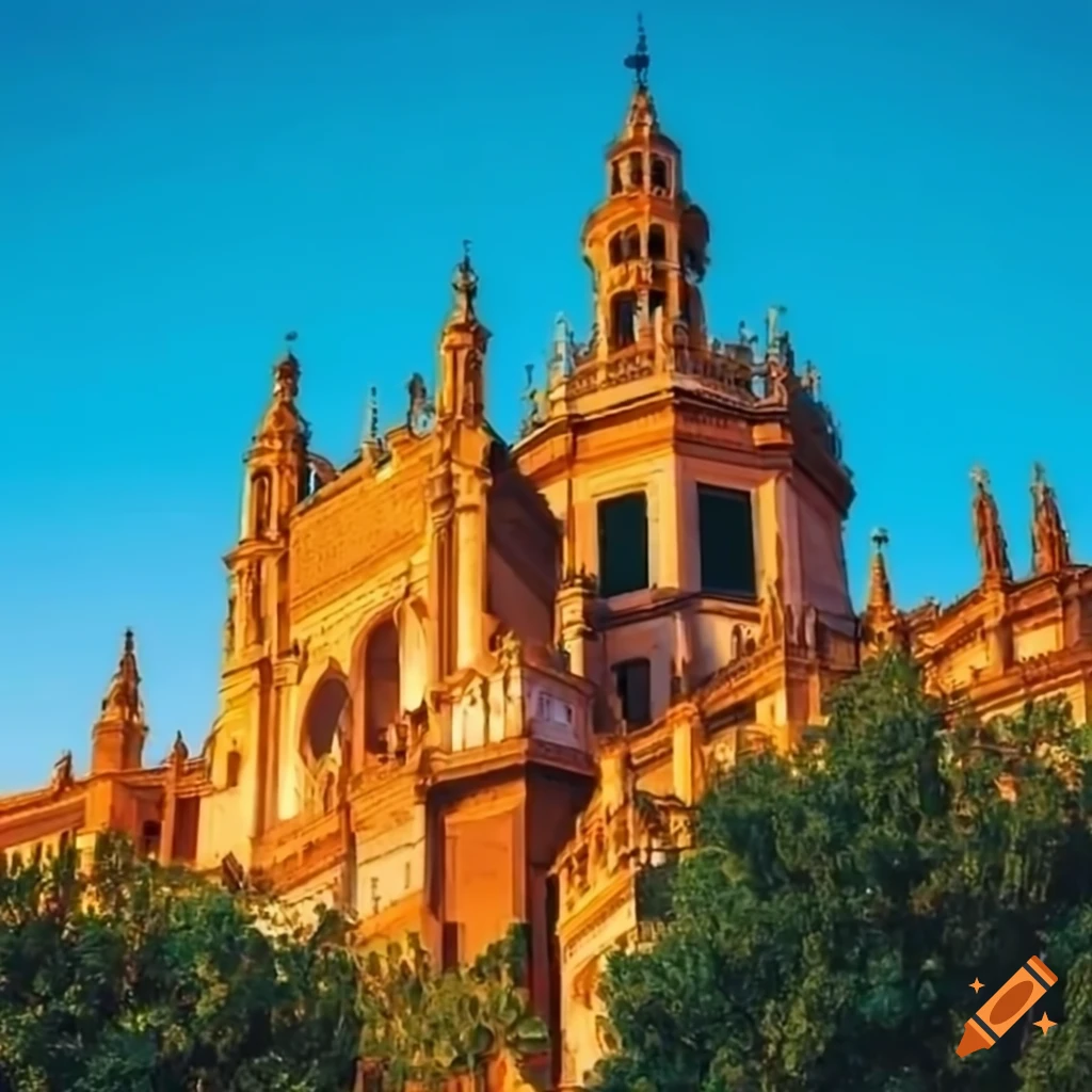 Iconic landscape of seville, spain with orange trees and andalusian ...