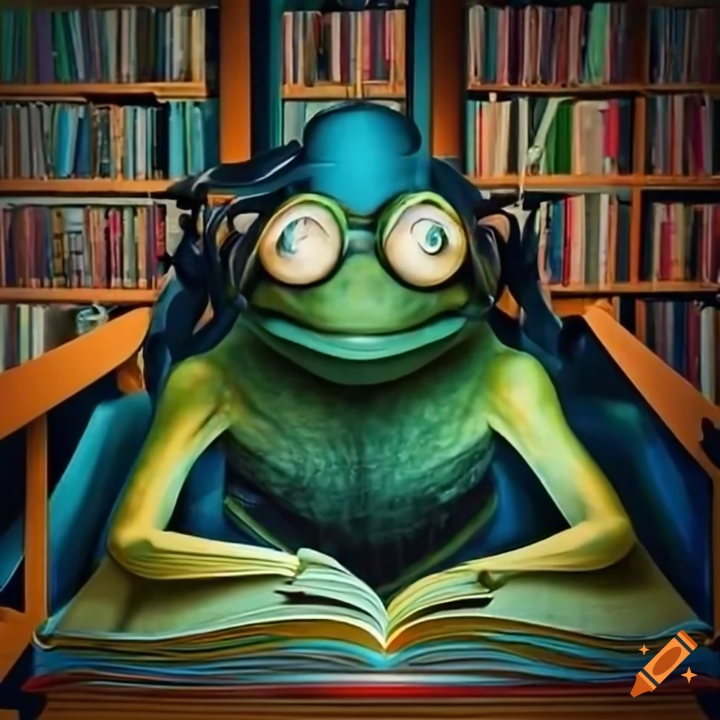 Frogman reading a book in a school library on Craiyon