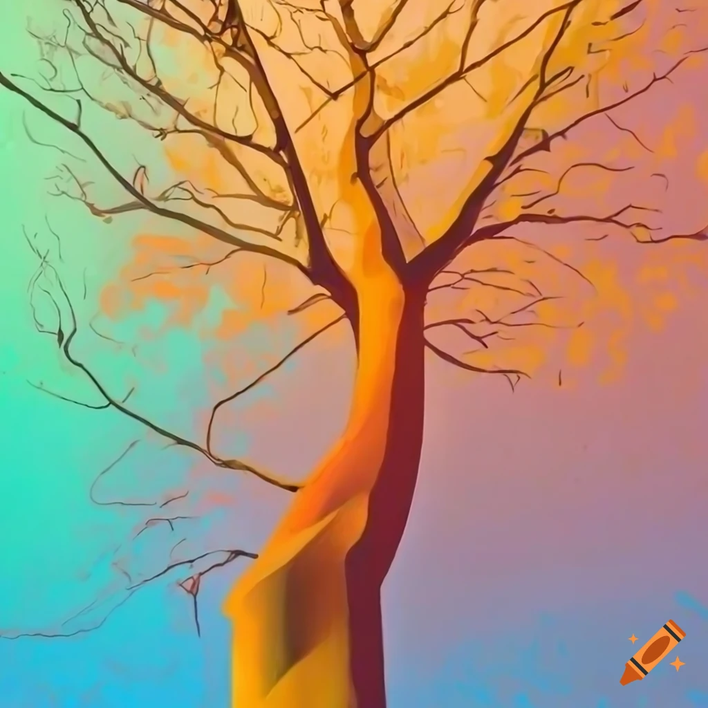 Minimalist abstract art of an oak tree with bright colors and ...