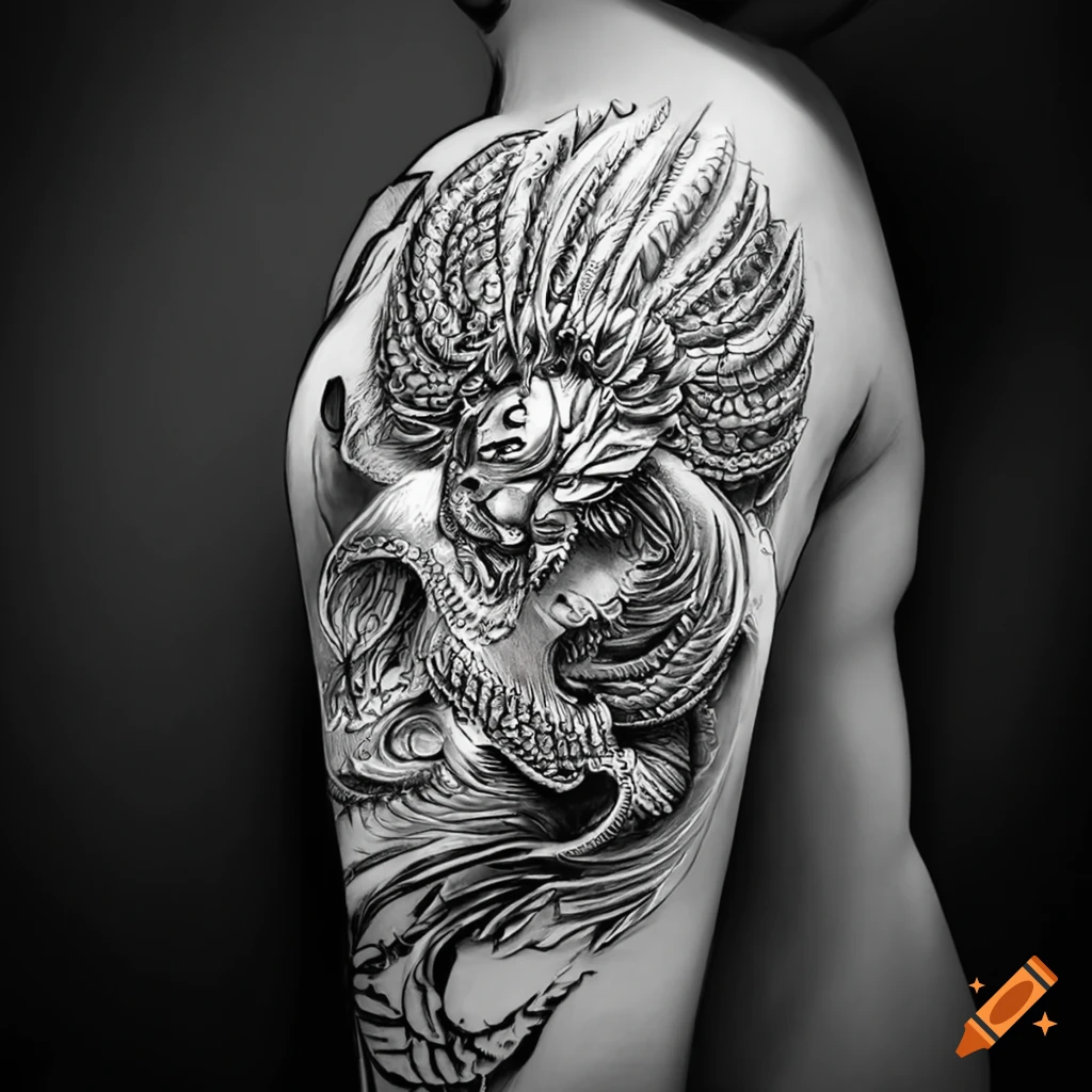Indian garuda battling fenghuang phoenix in black and white tattoo ...