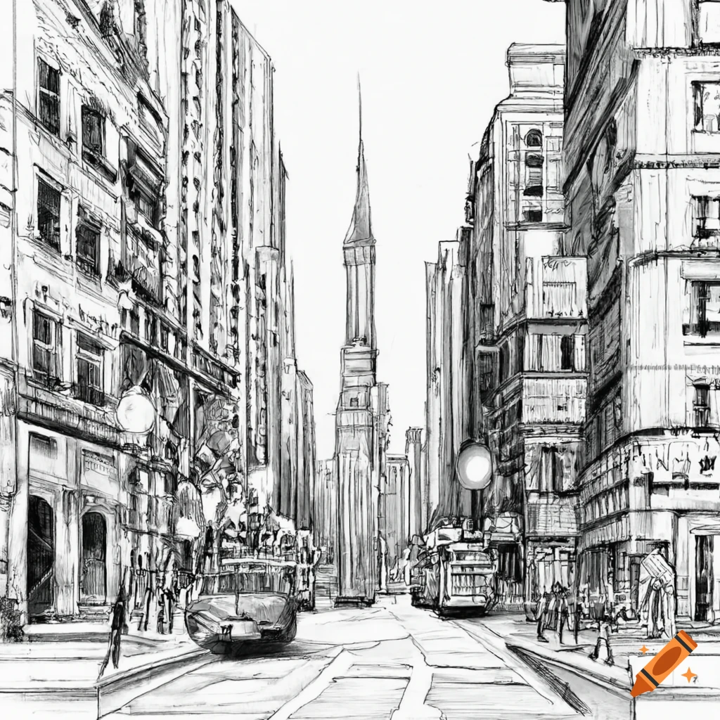 Pencil drawing of a bustling city with detailed architecture on Craiyon
