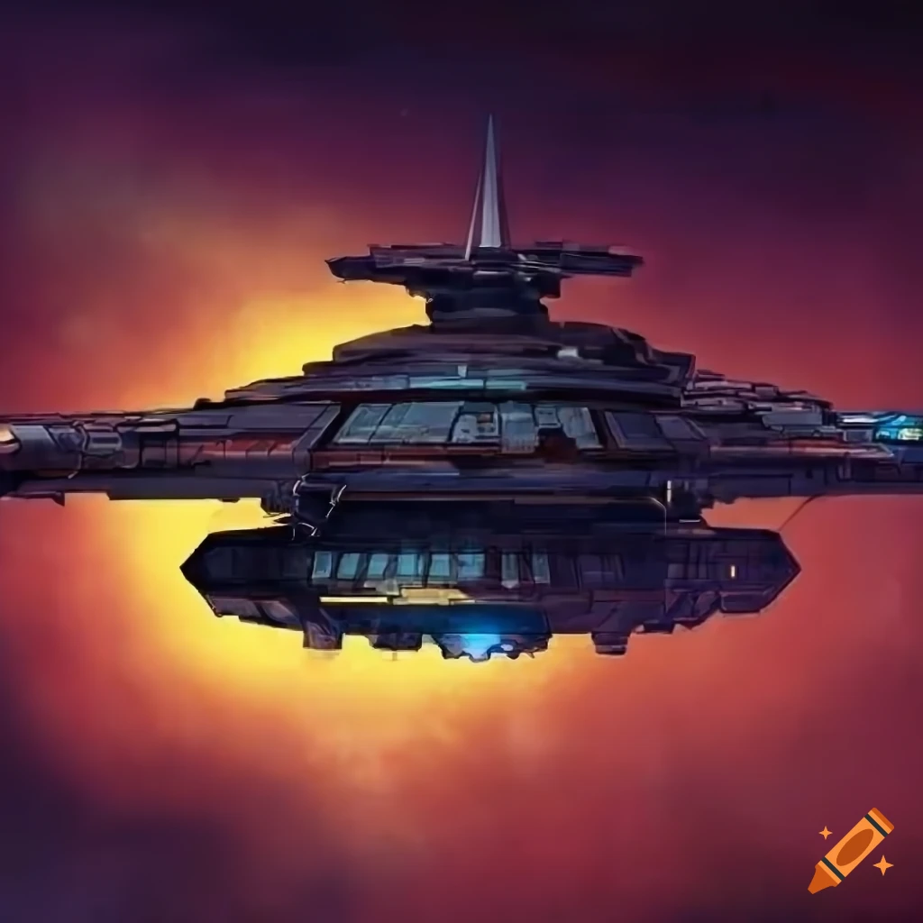 Massive exploration class spaceship with 1970's sci-fi design in ...