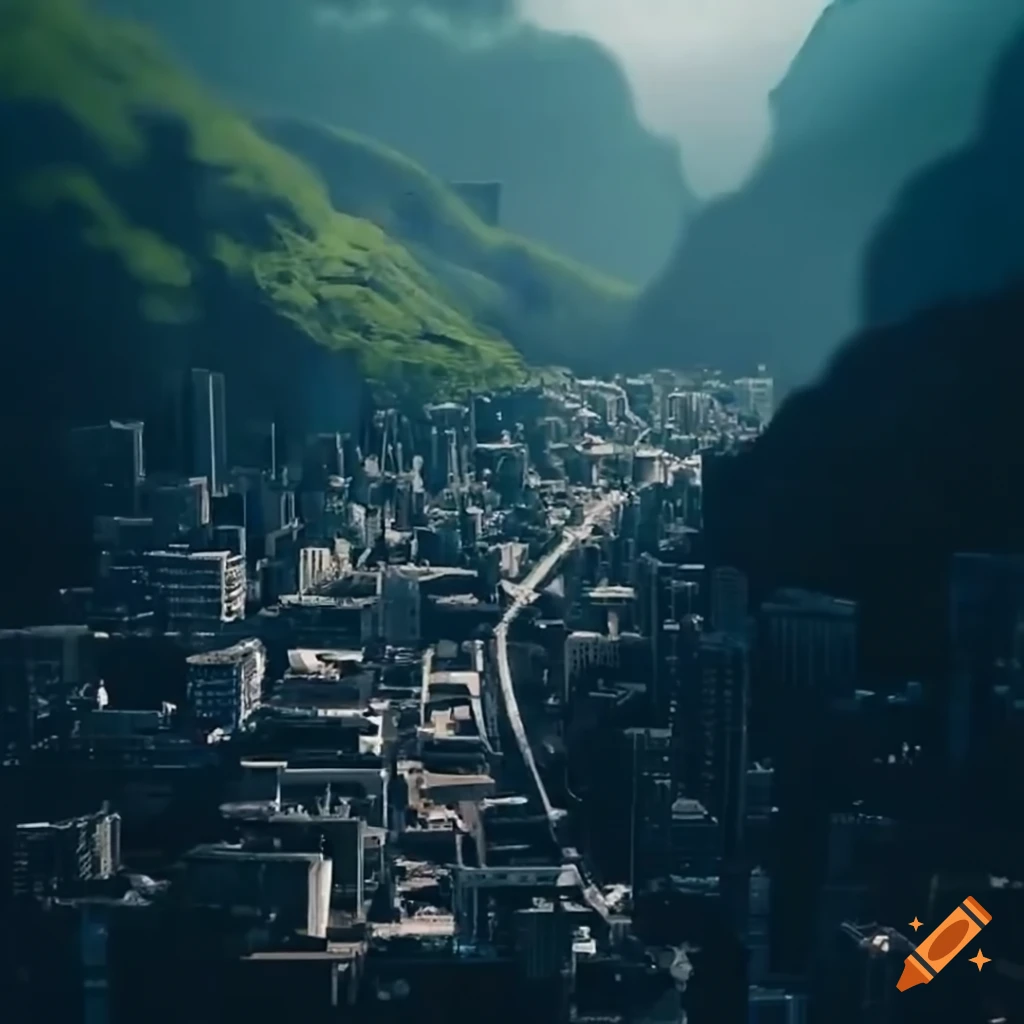 Modern crowded city in a rocky valley with a river on Craiyon