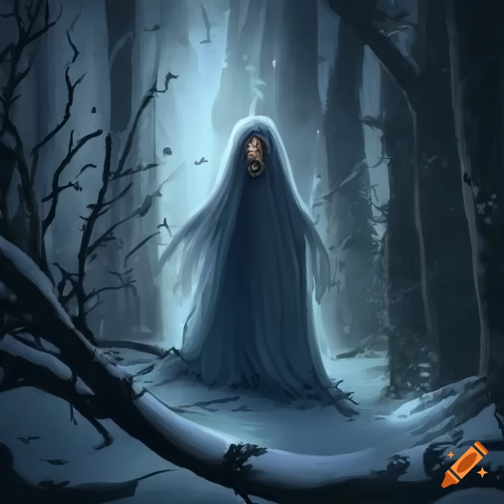 Ghost floating through snowy, dead woodlands in a fantasy setting on ...