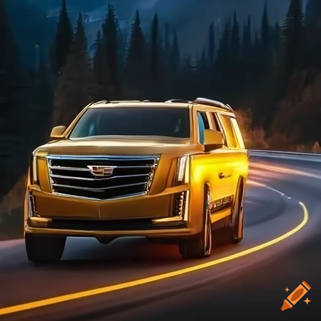 Yellow cadillac escalade driving on a mountain road at night on Craiyon