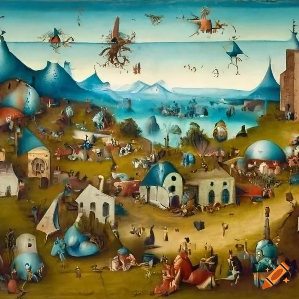 Surrealist medieval village scene in the style of Hieronymus Bosch on ...