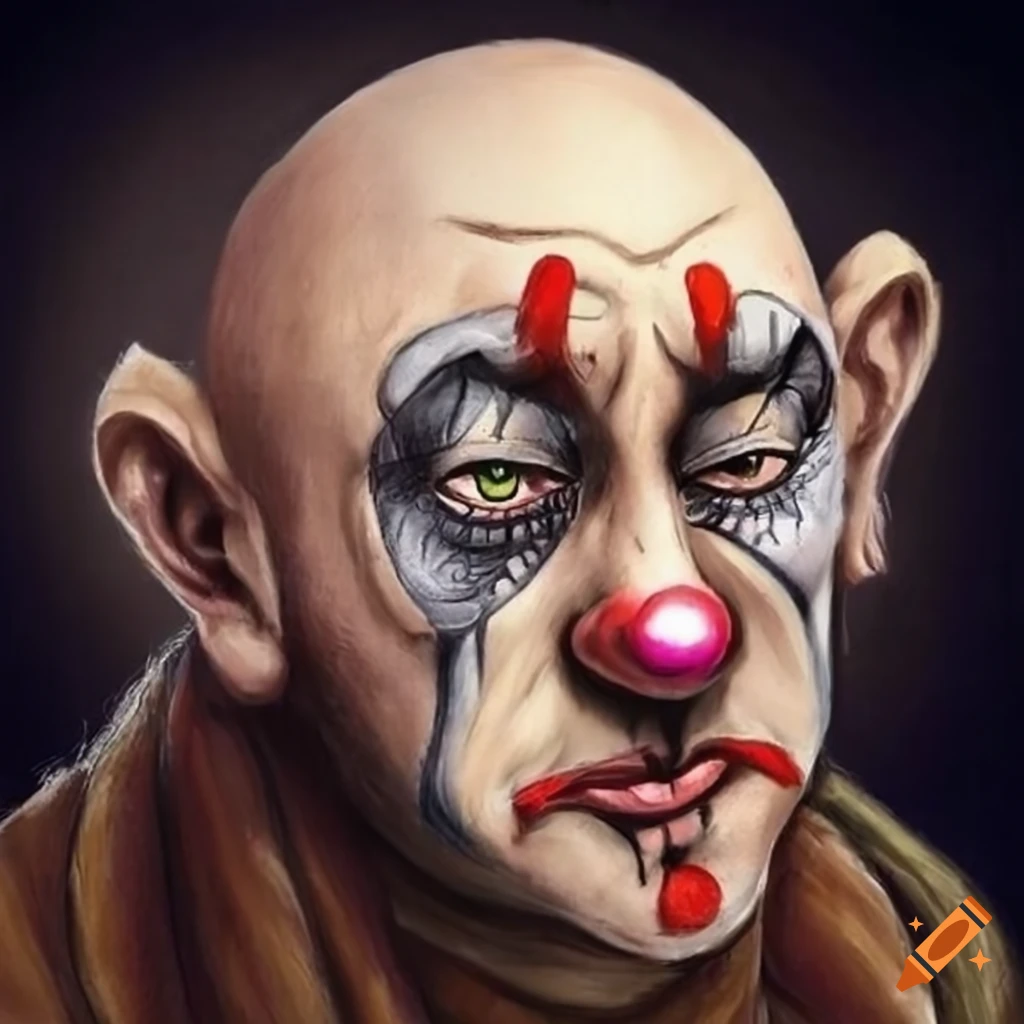 Bald grumpy hobbit with clown makeup and big squeaky nose on Craiyon
