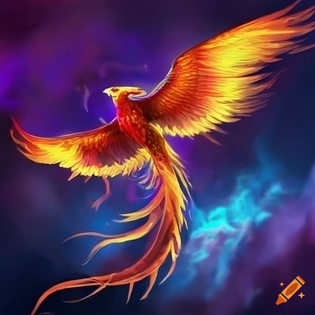 Phoenix flying in detailed digital illustration on Craiyon