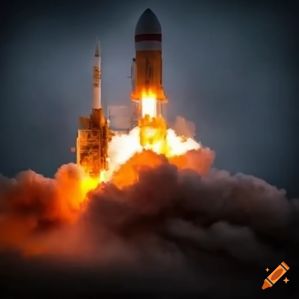 Rocket launch at a launch pad in space with smoke and fire on Craiyon