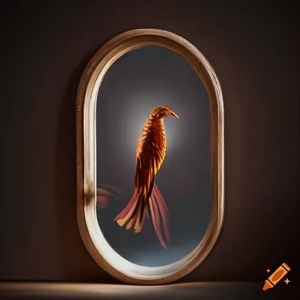 Phoenix reflection in a mirror in a dusty attic on Craiyon