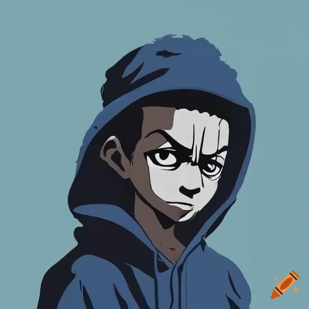 Rapper JID walking in a dark blue hoodie Boondocks style on Craiyon