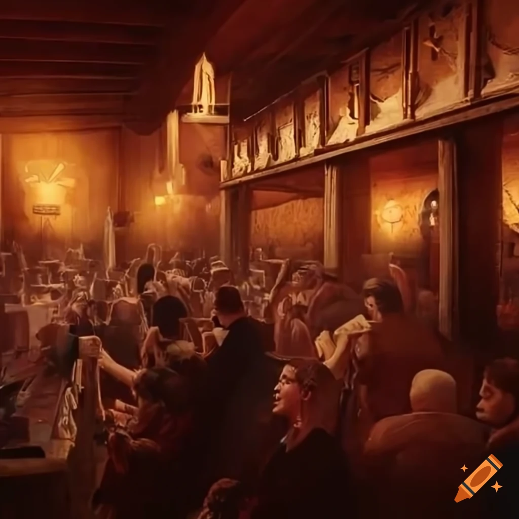 Medieval nightclub with wooden DJ deck and dancing crowd on Craiyon