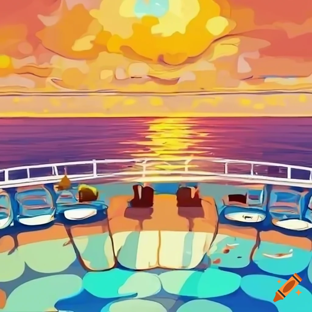 Playful animated cartoon characters relaxing on a sunny cruise ship ...