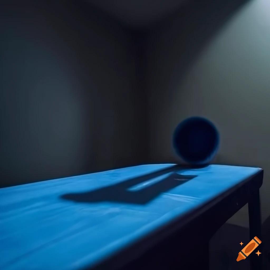 Bluish strange objects on table in old dark hotel room on Craiyon