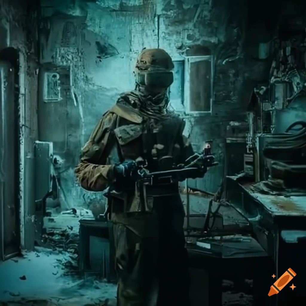 Lone scientist exploring abandoned lab in battle gear on Craiyon