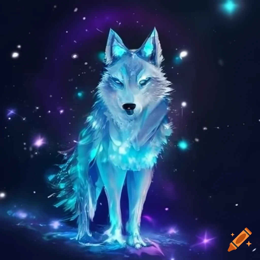 Radiant crystalline wolf made of diamond under a bright star in a ...