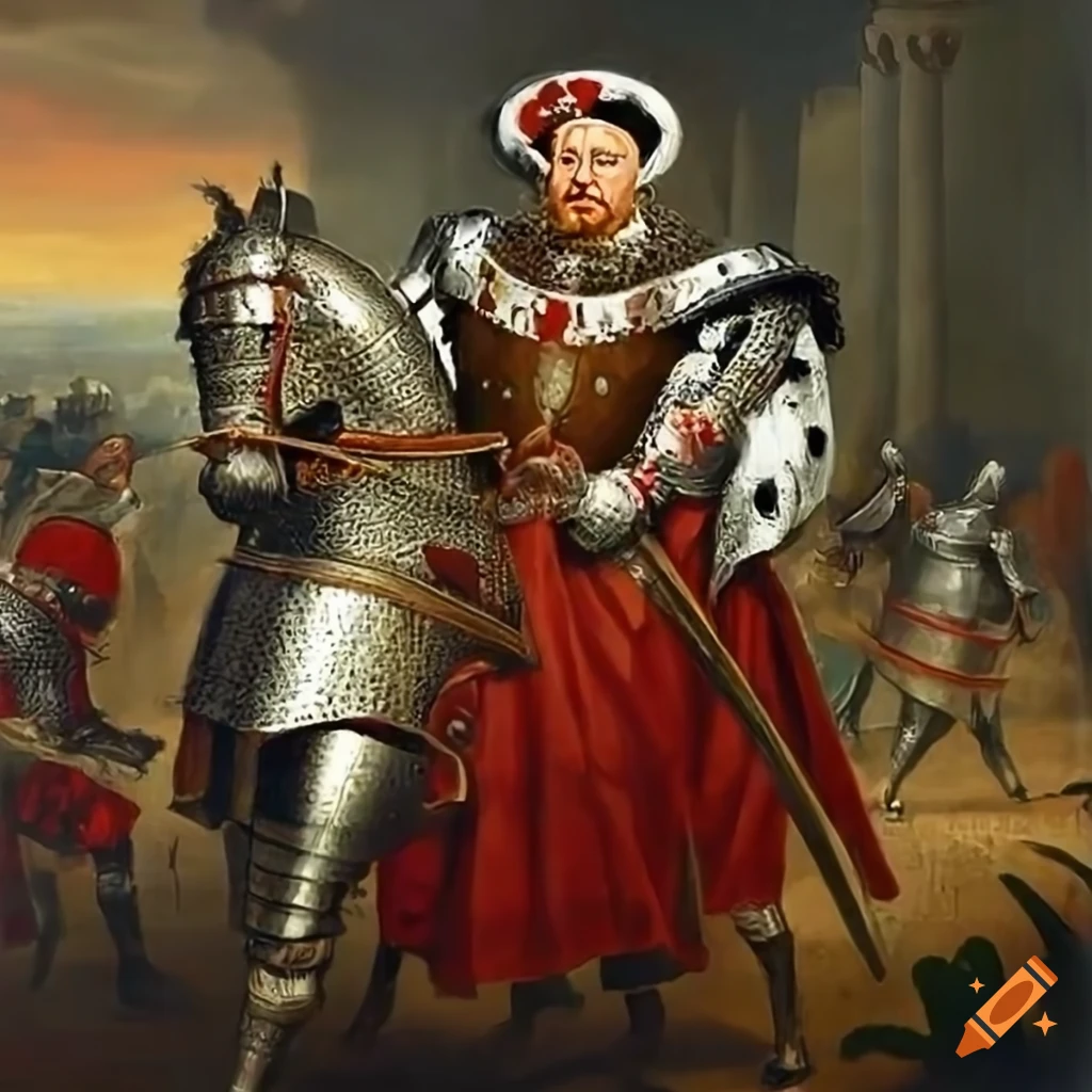 King henry viii leading knights in armor into battle in a historical ...
