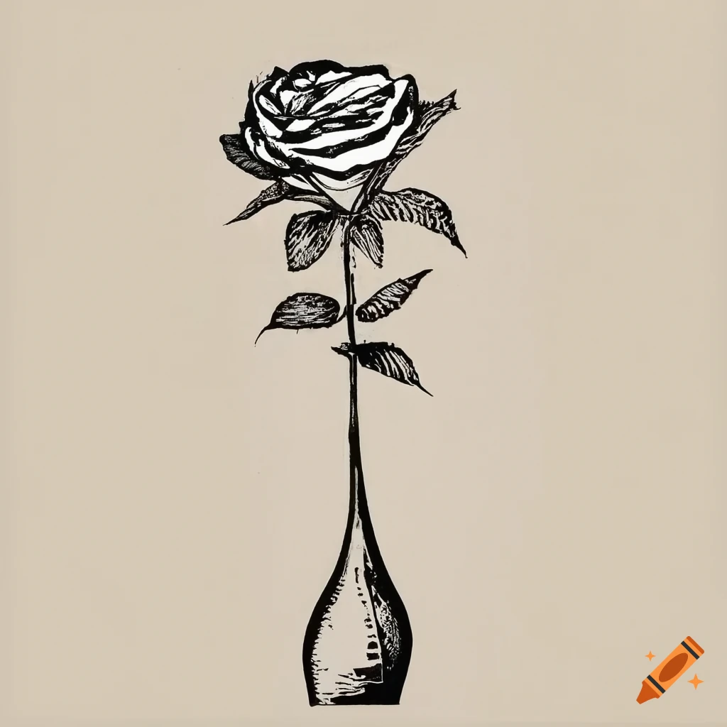Monochrome woodcut of a single rose in a slender vase on Craiyon