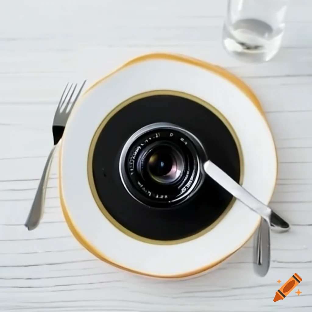 Long black camera lens on a white dinner plate on Craiyon