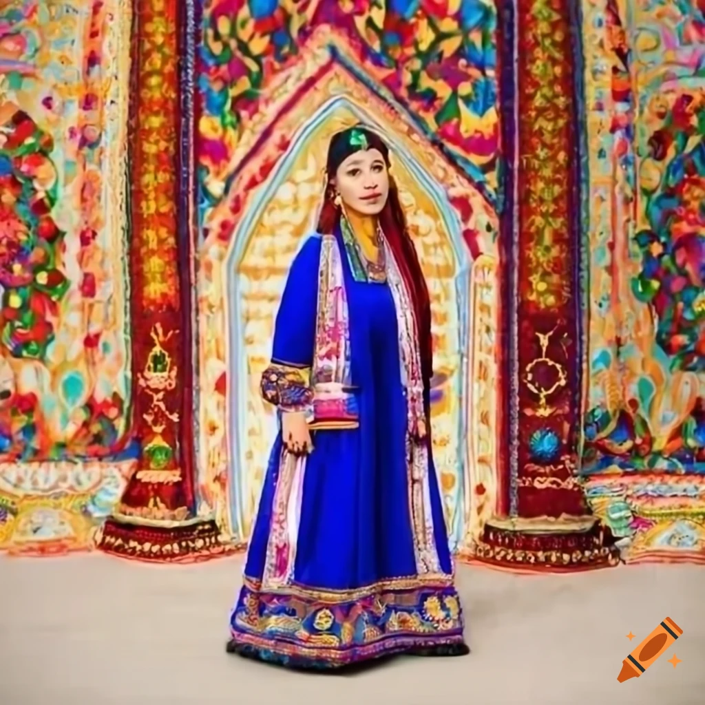 Colorful portrait of a young Uzbek woman in intricate national clothes ...