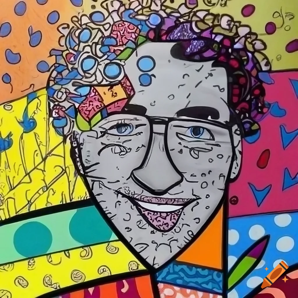 Portrait of romero britto made using 8 of his colorful drawings on Craiyon