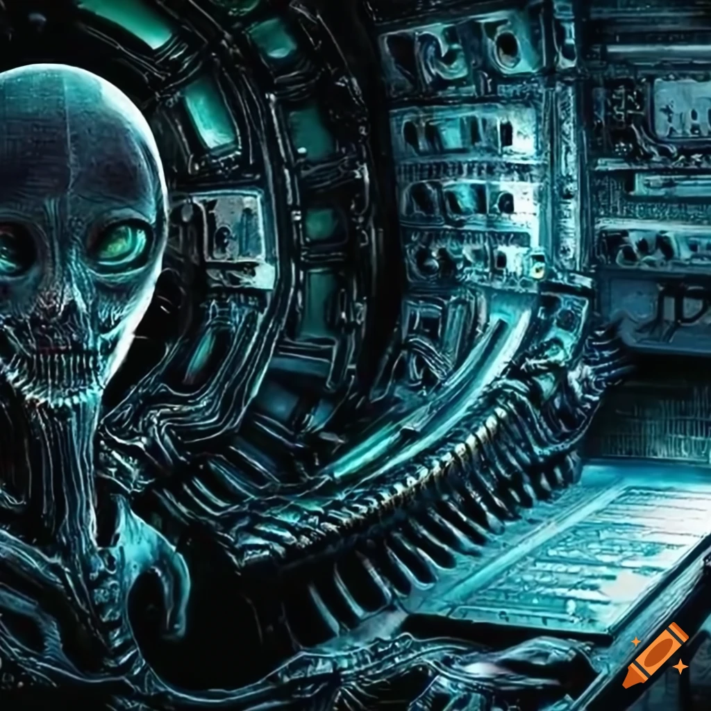 Surrealist aliens inside spaceship with strange machinery and computer ...