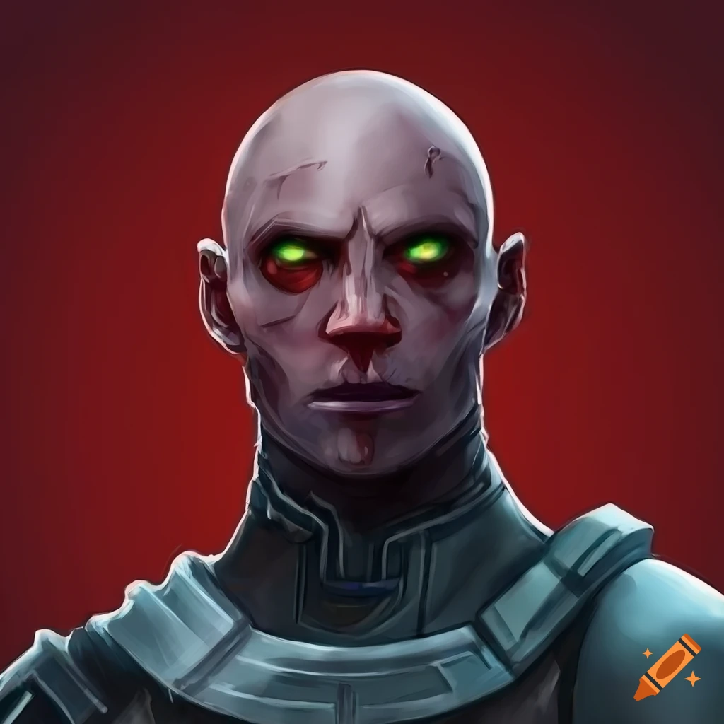 Sci-fi alien with dark red skin, bald head, and green eyes in armor on ...