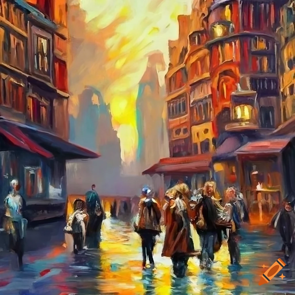 Steampunk cityscape bustling with people in an oil painting style on ...