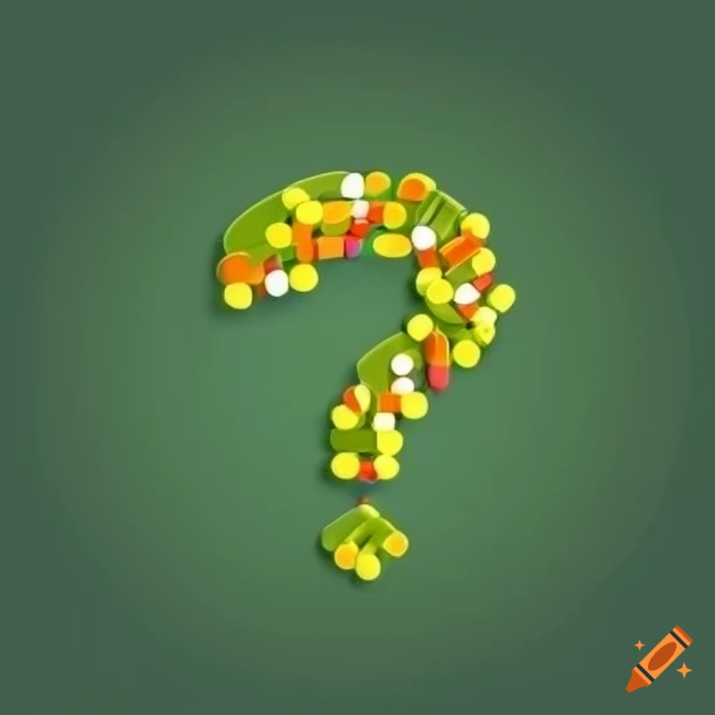 Circular logo with pills and herbs forming a question mark shape on Craiyon